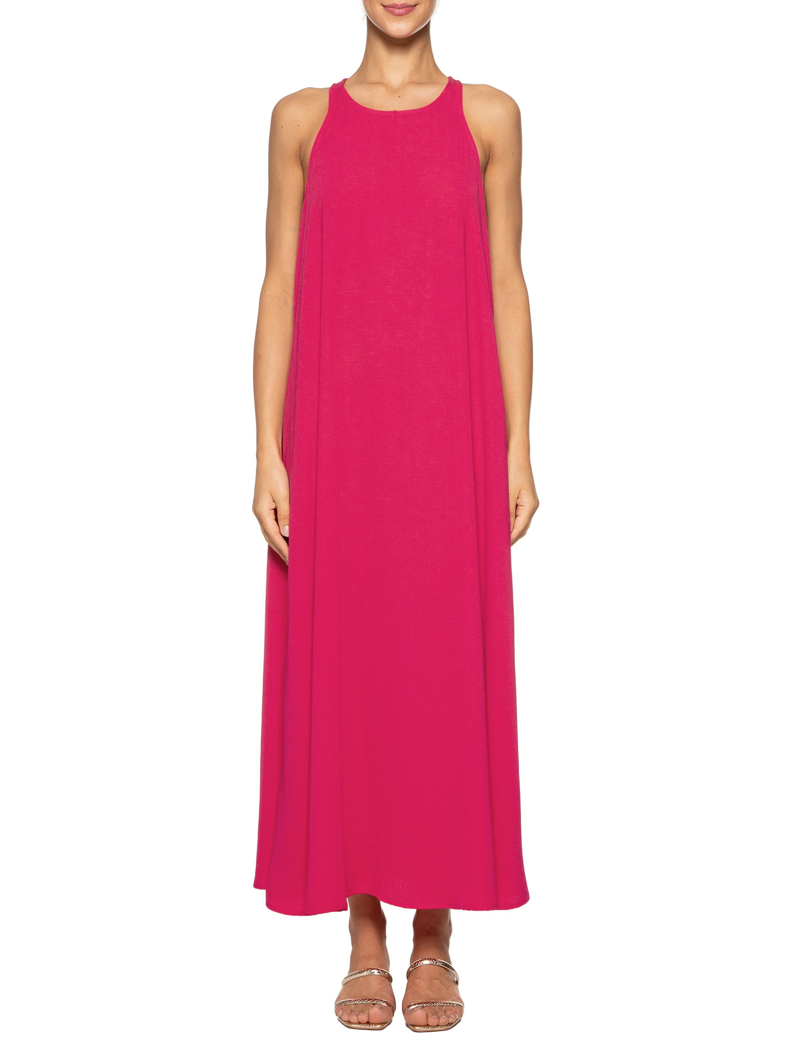 Vestido Longo Sem Manga Com Decote Redondo - Rosa - Shop2gether